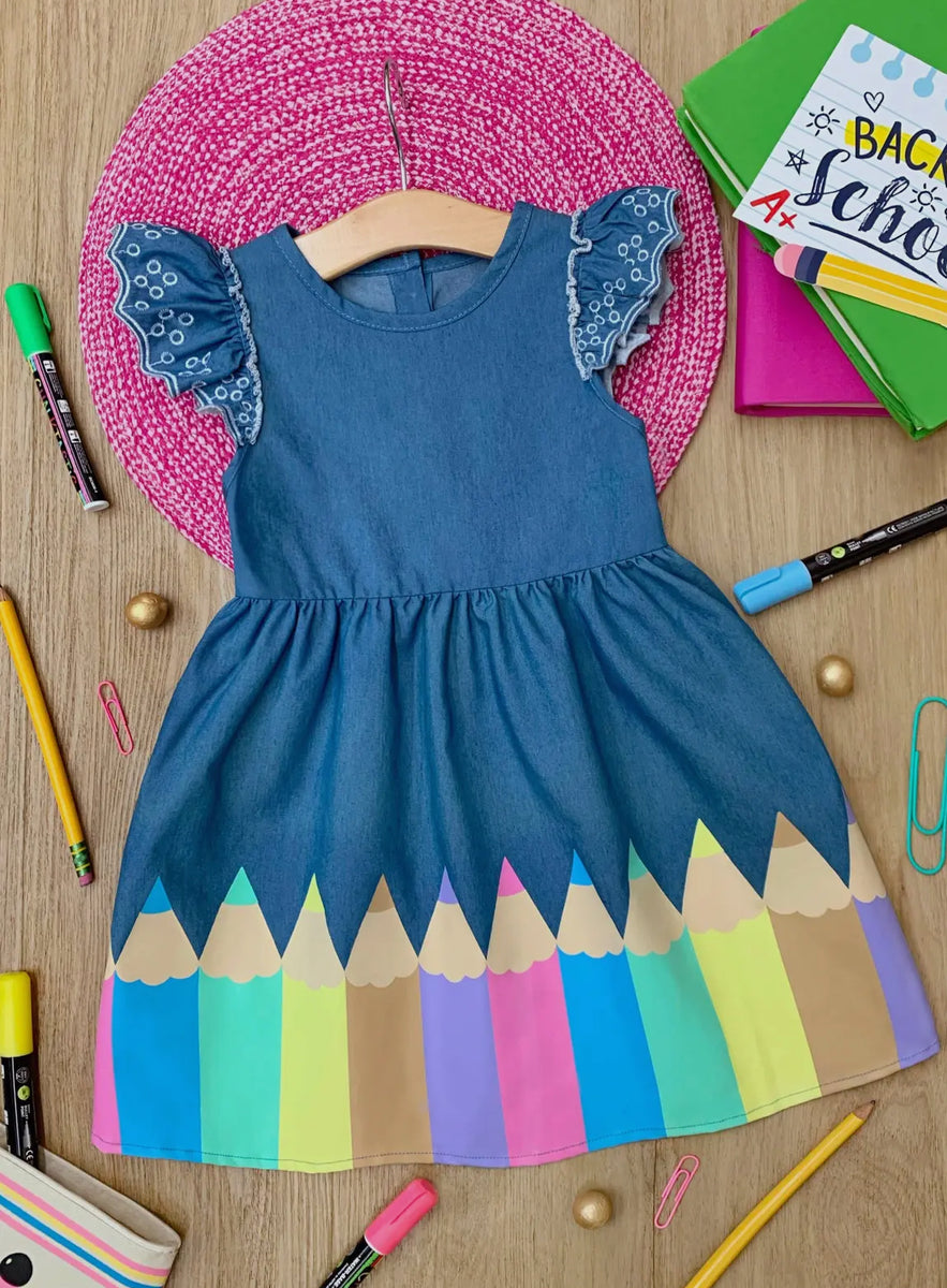 Colorful Crayons Denim Dress-SIZE 8 ONLY IN STOCK – Stitchin' Pretty